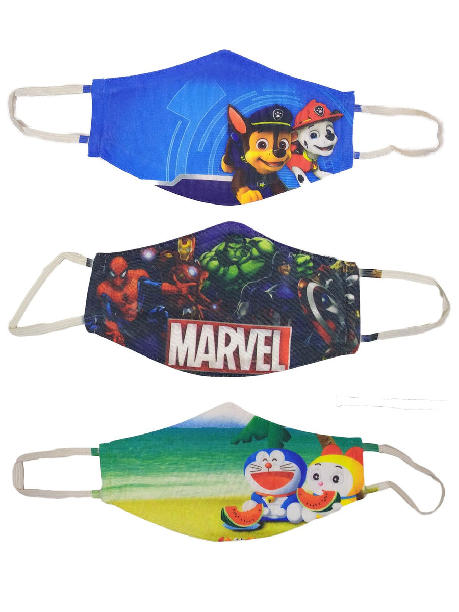 Pack of 3 - Kids Face Masks Superheroes Cartoons Fairy Tale Theme - Pr ...